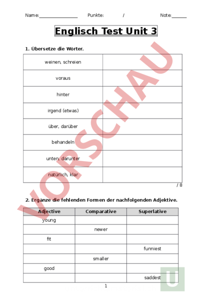 Arbeitsblatt: YW3 Unit 3 Test - Deutsch - Grammatik