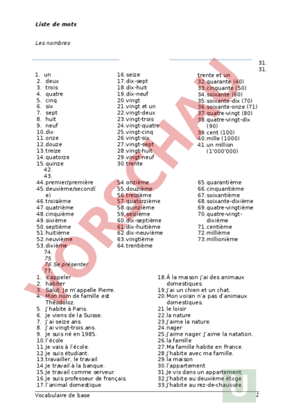 Arbeitsblatt: Liste de mots - Französisch - Wortschatz