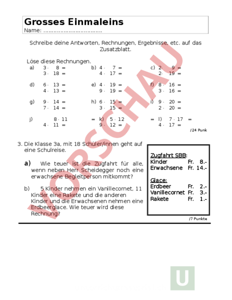 Arbeitsblatt: Lernzielkontrolle grosses 1x1 - Mathematik - Multiplikation