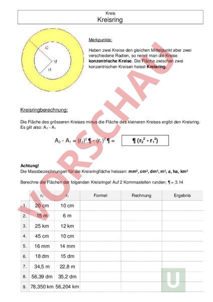 Arbeitsblatt: Berechnung Kreisring - Geometrie - Flächen