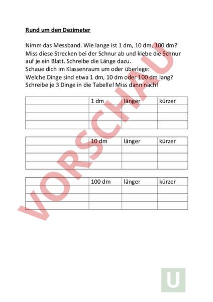 Arbeitsblatt: Rund um den Dezimeter - Mathematik - Sachrechnen / Grössen