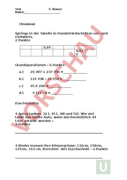 Arbeitsblatt: Test Math 5. Klasse diverse Inhalte - Mathematik ...