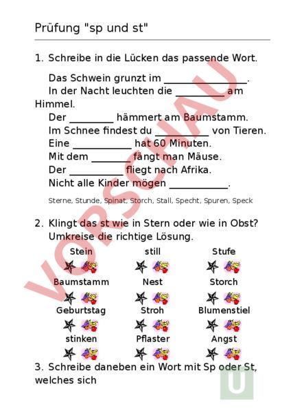 Arbeitsblatt: Test sp st - Deutsch - Rechtschreibung