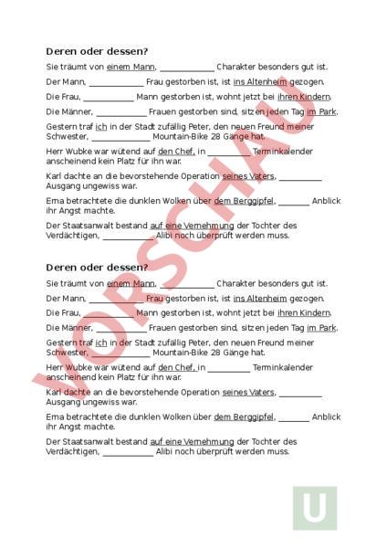 Arbeitsblatt: deren oder dessen - Deutsch - Grammatik