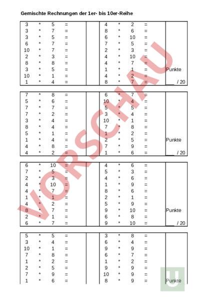 Arbeitsblatt: 1 x 1 Üben - Mathematik - Multiplikation