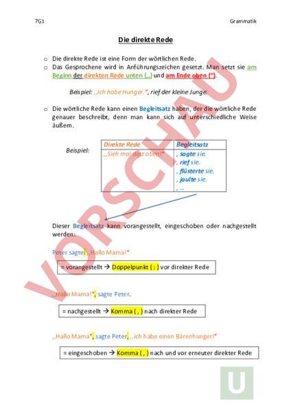 Arbeitsblatt: Die direkte Rede - Deutsch - Grammatik