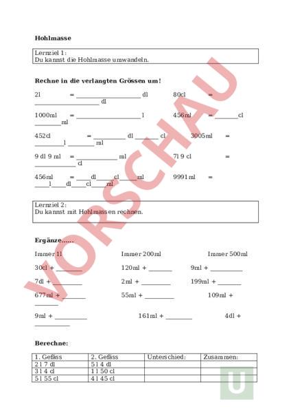 Arbeitsblatt: Hohlmasse - Mathematik - Sachrechnen / Grössen