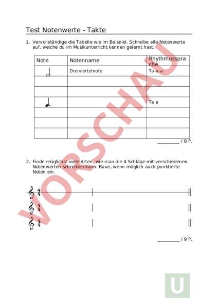 Arbeitsblatt: Test Notenwerte - Takte - Musik - Musiktheorie / Noten