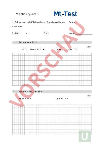 Arbeitsblatt: Mathetest - Mathematik - Schriftliches Rechnen