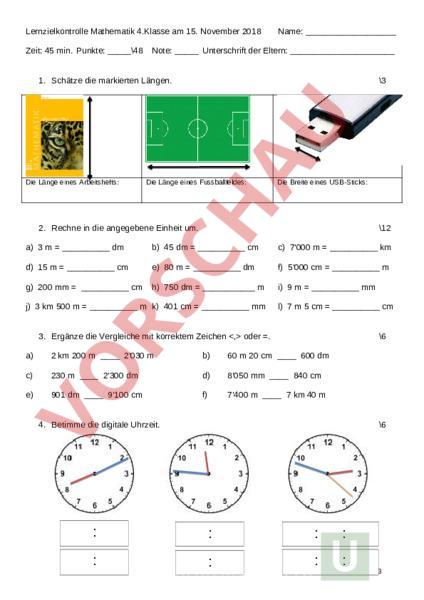 Arbeitsblatt: LzK Längen und Zeit - Mathematik - Sachrechnen / Grössen