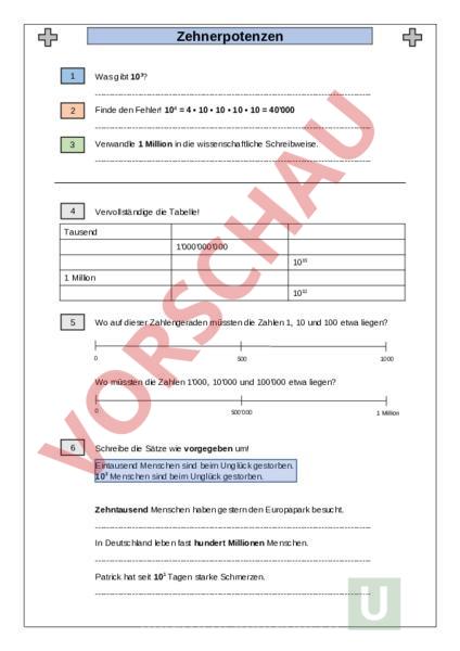 Arbeitsblatt: Zehnerpotenzen - Mathematik - Anderes Thema Arbeitsblatt: Zehnerpotenzen - Mathematik - Anderes Thema