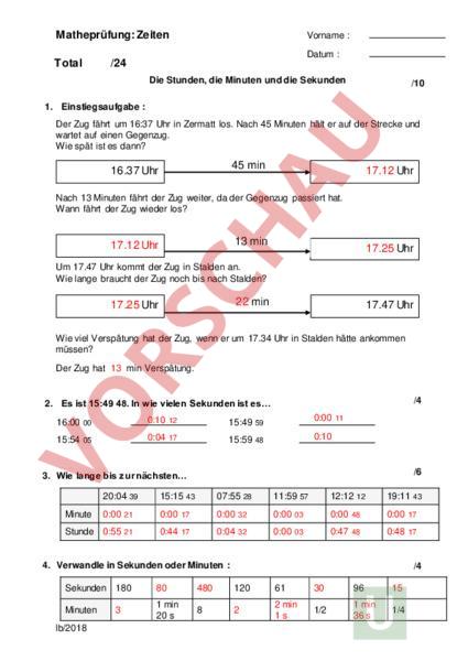 Arbeitsblatt: Mathetest - Mathematik - Sachrechnen / Grössen