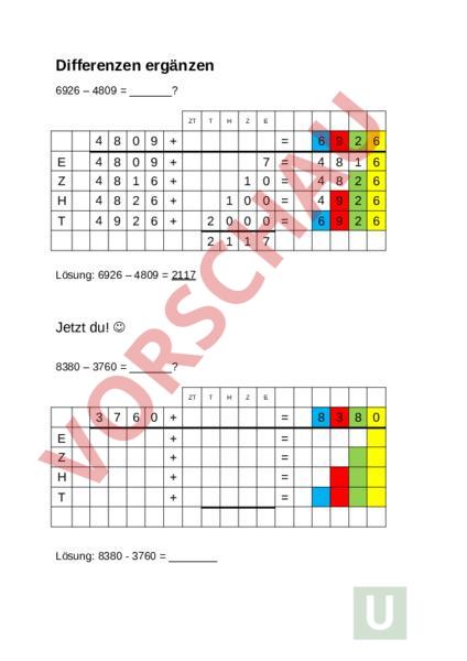 Arbeitsblatt: Differenzen ergänzen - Mathematik - Subtraktion