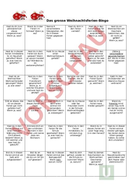 Arbeitsblatt: Weihnachtsferien-Bingo - Deutsch - Gemischte Themen