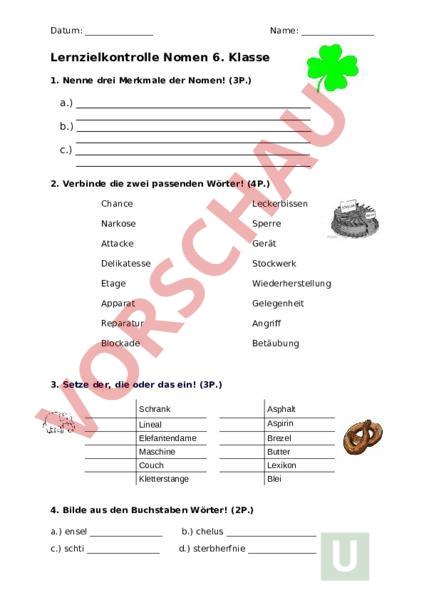 Arbeitsblatt: Lernkontrolle Nomen - Deutsch - Grammatik