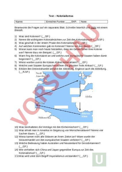 Arbeitsblatt: Test Kolonialismus - Geschichte - Gemischte Themen