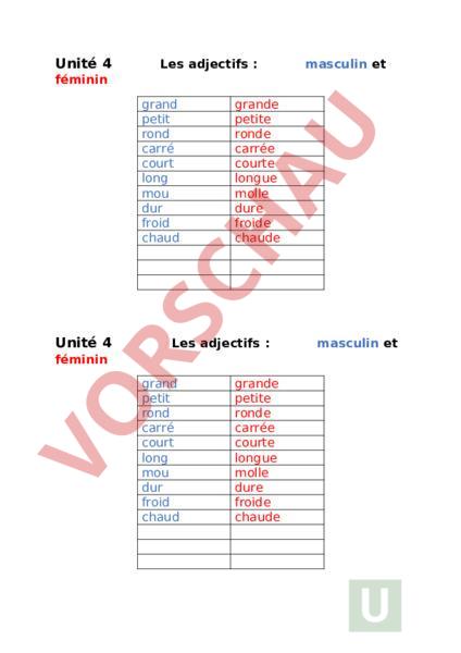 Arbeitsblatt: Les adjectifs Unité 4 - Französisch - Grammatik