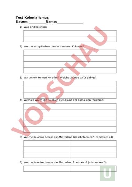 Arbeitsblatt: Kolonialismus - Geschichte - Neuzeit