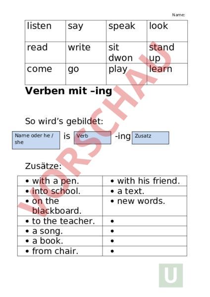 Arbeitsblatt: Englisch -ing Form üben YW Unit 5 - Englisch - Lehrmittel
