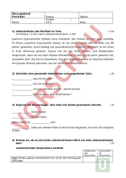 Arbeitsblatt: Übungstest Partikel - Deutsch - Grammatik
