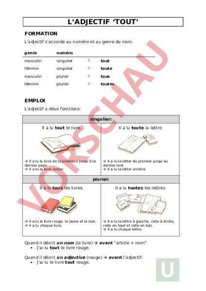 Arbeitsblatt: L'adjectif 'tout' - Théorie - Französisch - Grammatik