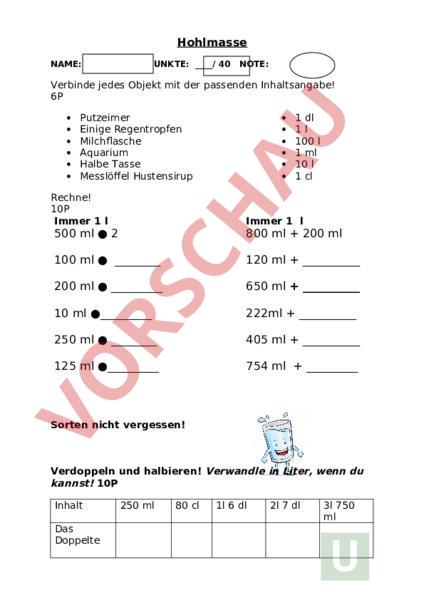 Arbeitsblatt: Hohlmasse Test - Mathematik - Sachrechnen / Grössen