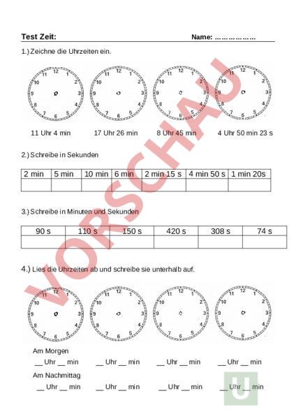 Arbeitsblatt: Test Uhrzeit - Mathematik - Sachrechnen / Grössen