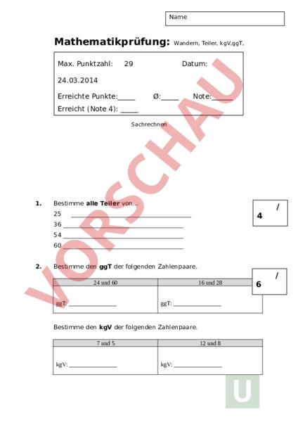 Arbeitsblatt: Mathetest 6. Klasse - Mathematik - Gemischte Themen