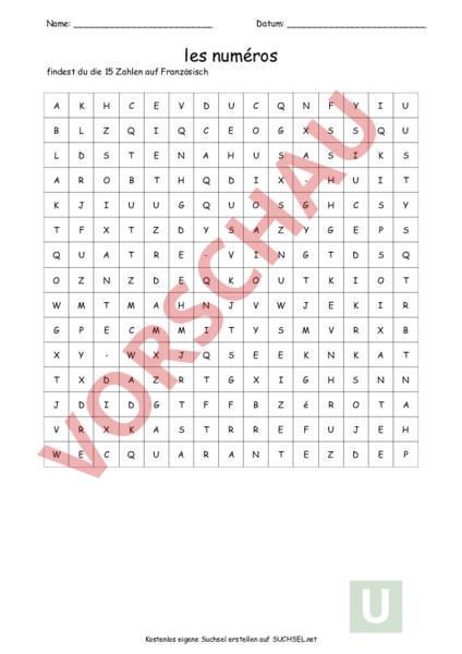 Arbeitsblatt: Zahlen bis 100 suchsel - Französisch - Wortschatz