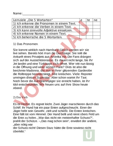 Arbeitsblatt: 5 Wortarten - Deutsch - Grammatik