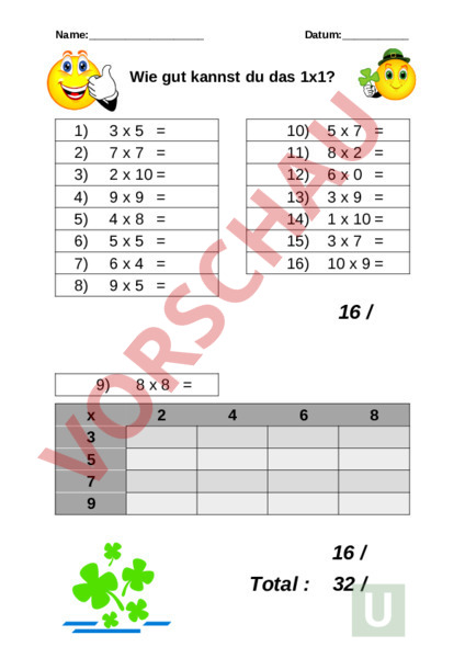 Arbeitsblatt: 1x1 Kurztest - Mathematik - Multiplikation