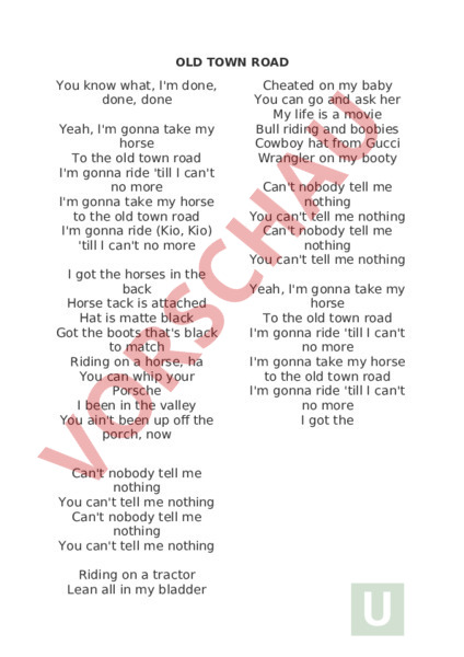 Arbeitsblatt: Old Town Road - Musik - Singen / Lieder