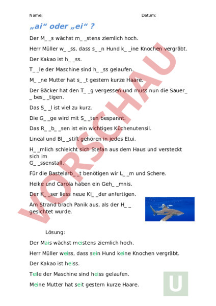 Arbeitsblatt: ai oder ei? - Deutsch - Rechtschreibung