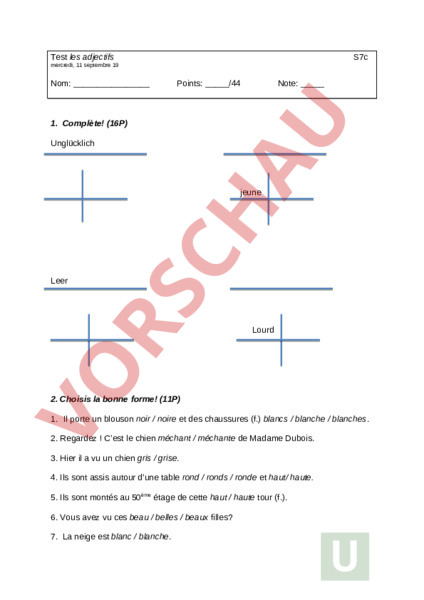 Arbeitsblatt: Test les adjectifs - Französisch - Grammatik