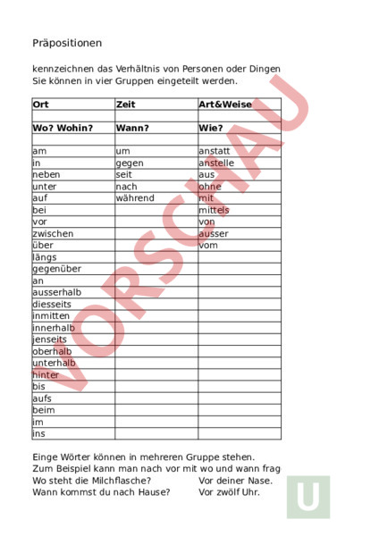 Arbeitsblatt: Liste Präpositionen - Deutsch - Grammatik