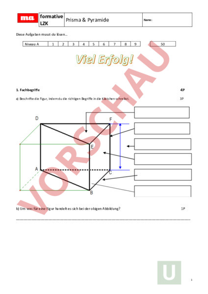Arbeitsblatt: Prüfung Prisma Pyramide - Geometrie - Körper / Figuren