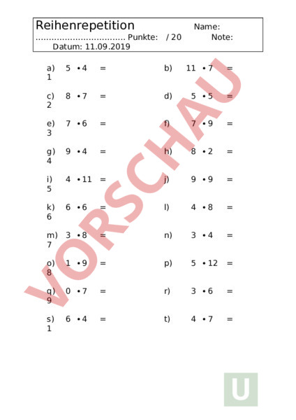 Arbeitsblatt: Kurztest Reihen - Mathematik - Multiplikation