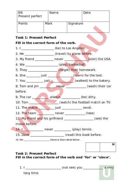 Arbeitsblatt: Test Present Perfect - Englisch - Grammatik