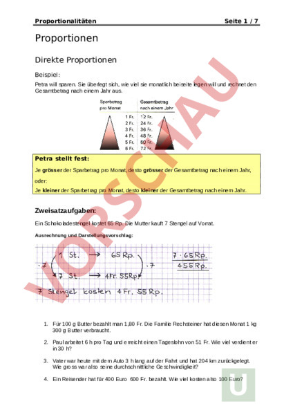 Arbeitsblatt: Proportionalität - Mathematik - Sachrechnen / Grössen
