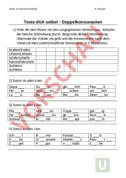Arbeitsblatt: Doppelkonsonanten - Deutsch - Grammatik