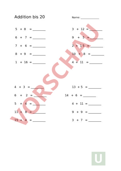 Arbeitsblatt: Addition - Mathematik - Addition