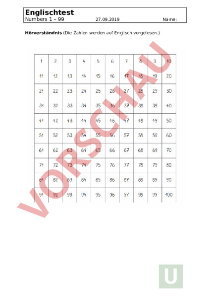 Arbeitsblatt: Numbers 1-99 - Englisch - Wortschatz