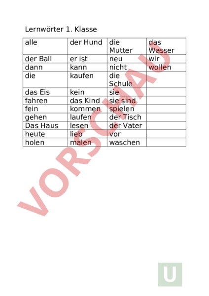 Arbeitsblatt: Lernwörter 1.-6. Klasse - Deutsch - Rechtschreibung