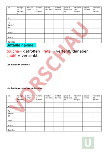Arbeitsblatt: verbes er et aller bataille navale - Französisch - Grammatik