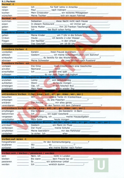 Arbeitsblatt: Perfekt - Deutsch - Grammatik