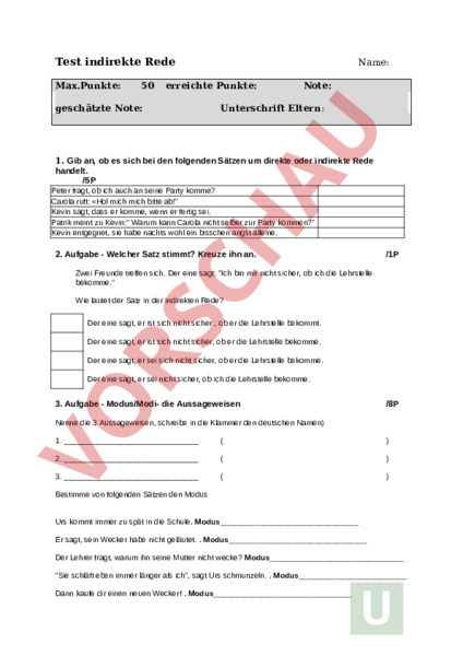 Arbeitsblatt: Test Indirekte Rede - Deutsch - Grammatik