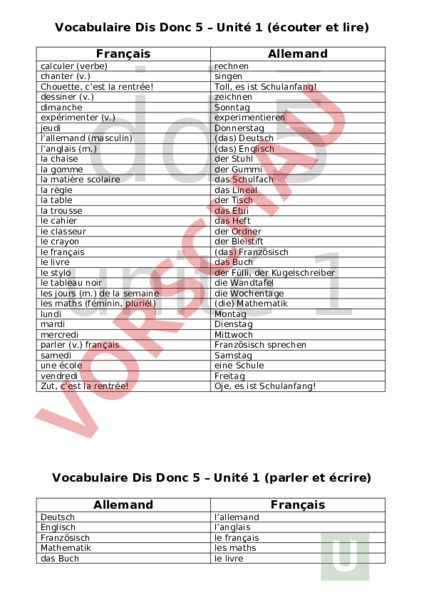 Arbeitsblatt: Wörterliste Dis Donc 5, Unité 1 - Französisch - Wortschatz