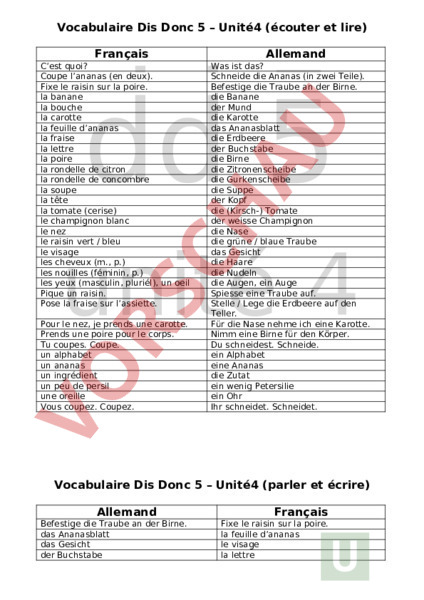 Arbeitsblatt: Wörterliste Dis Donc 5, Unité 4 - Französisch - Wortschatz