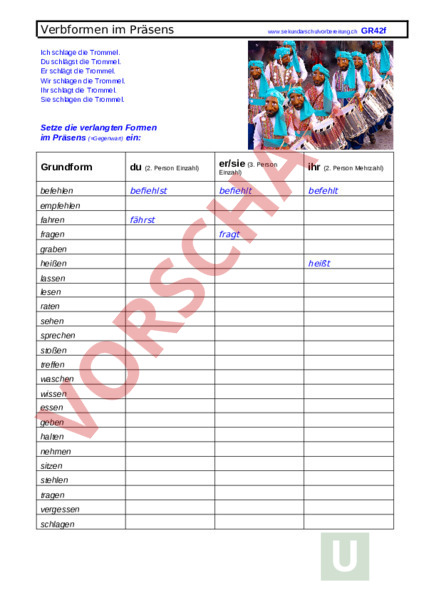 Arbeitsblatt: Verbformen - Deutsch - Grammatik