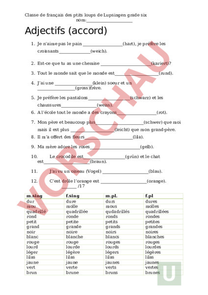 Arbeitsblatt: Test: l'accord de l'adectif - Französisch - Grammatik